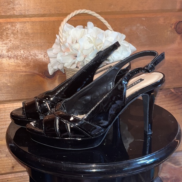 Alex Marie | Shoes | Black Patten Leather Peep Toe Slingback Pumps Heel ...